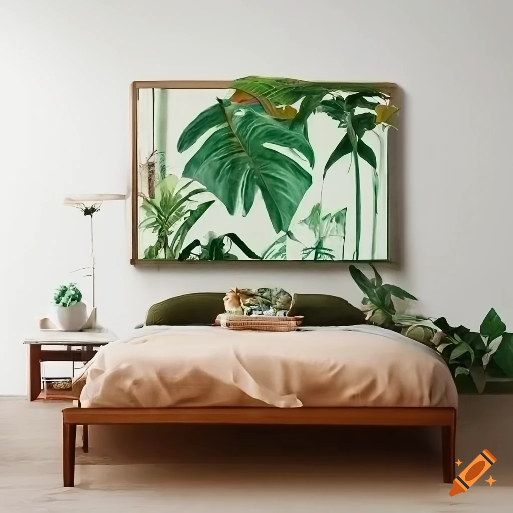 Leather headboard in coastal chic rainforest jungle bedroom with white ...