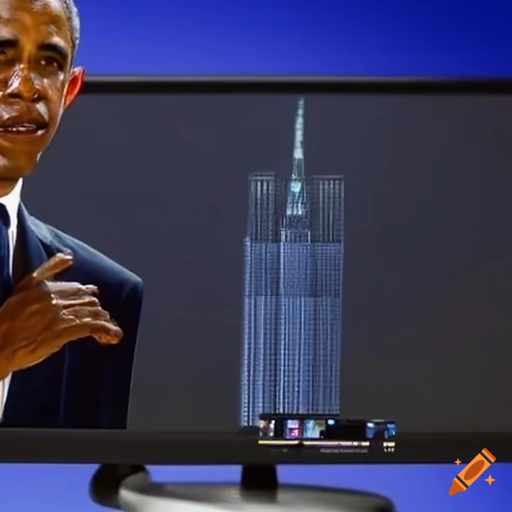 Obama looking at computer monitor with the twin towers on it on Craiyon