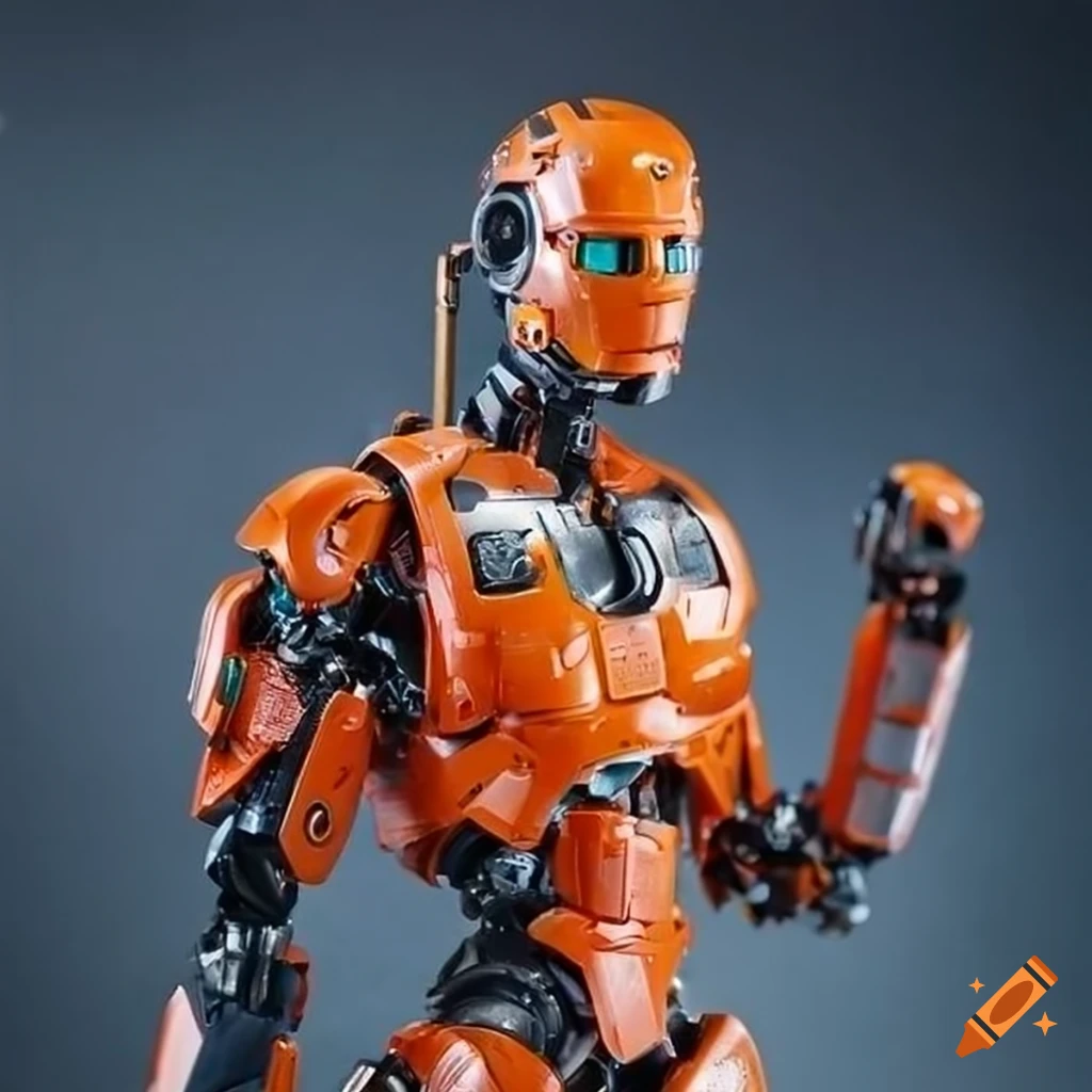 Highly detailed orange cyborg robot action figure in an epic pose on ...