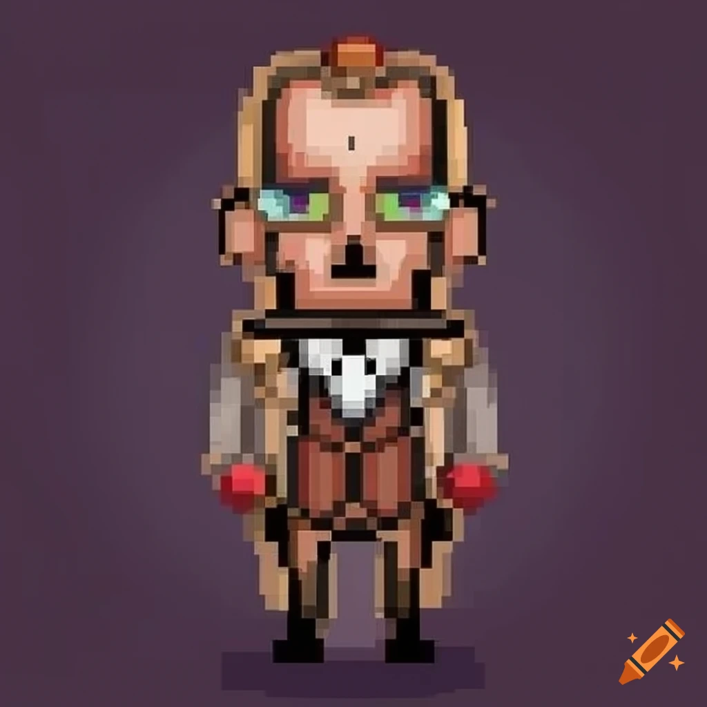 Short friendly steampunk robot in dress coat tuxedo in pixel art style