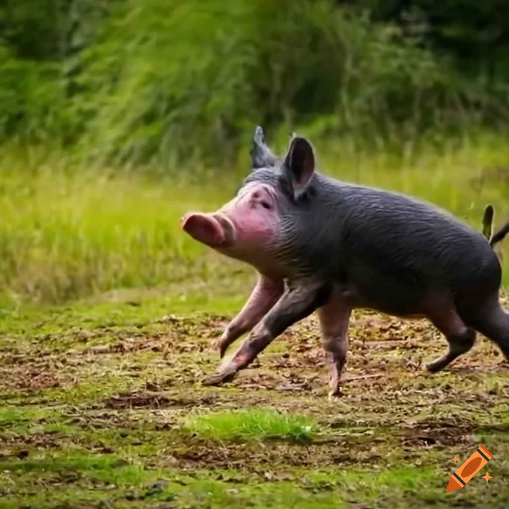 Supercute happy running pig surrounded by splendid nature - side view ...