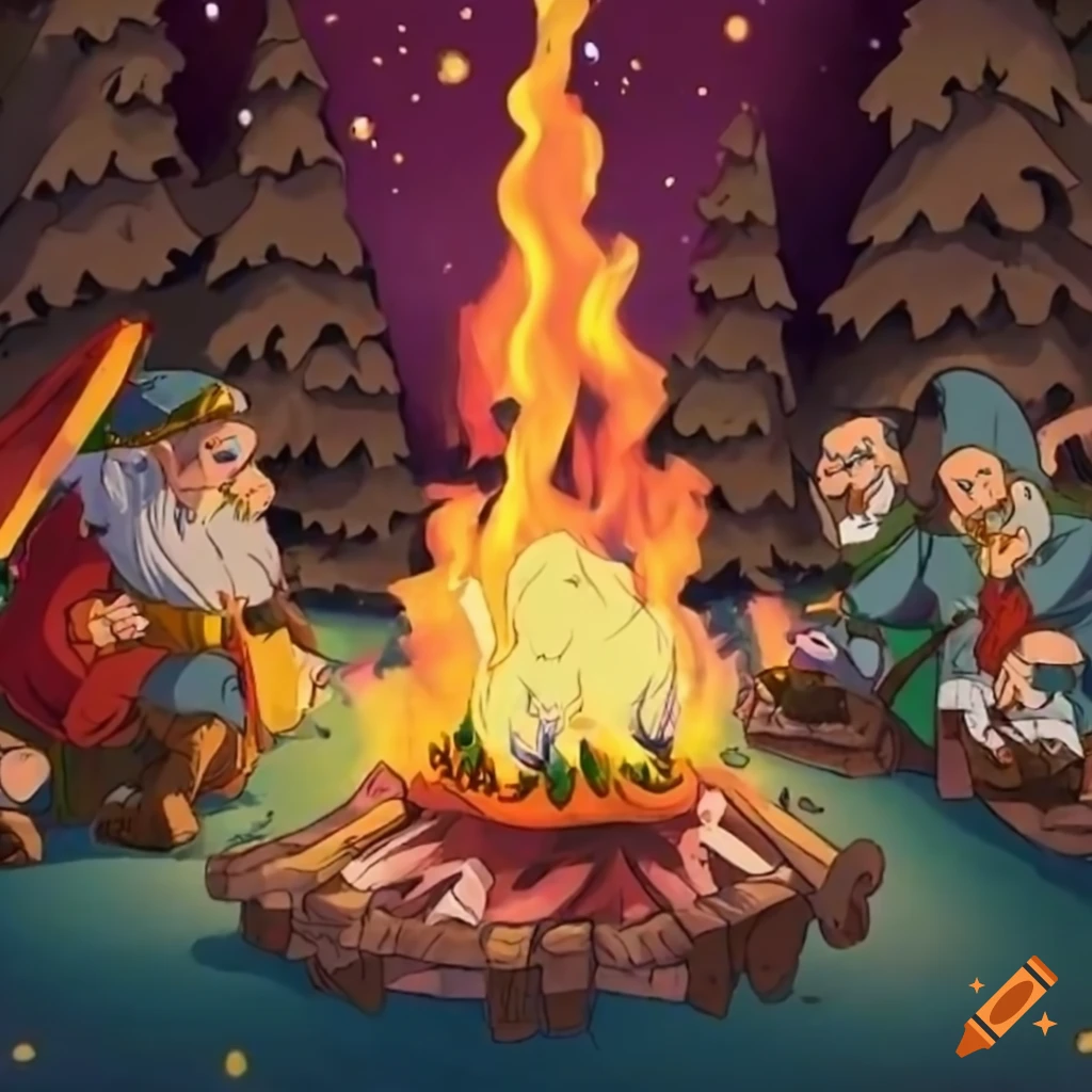 7 dwarves sitting around a campfire drinking beer looking up at the ...