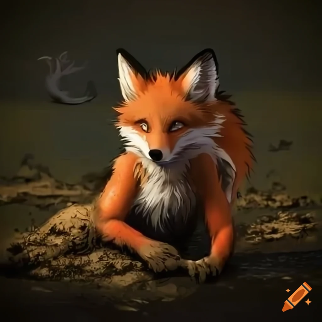 Sleek muddy furry anime fox playing in the mud, close up, realistic on ...