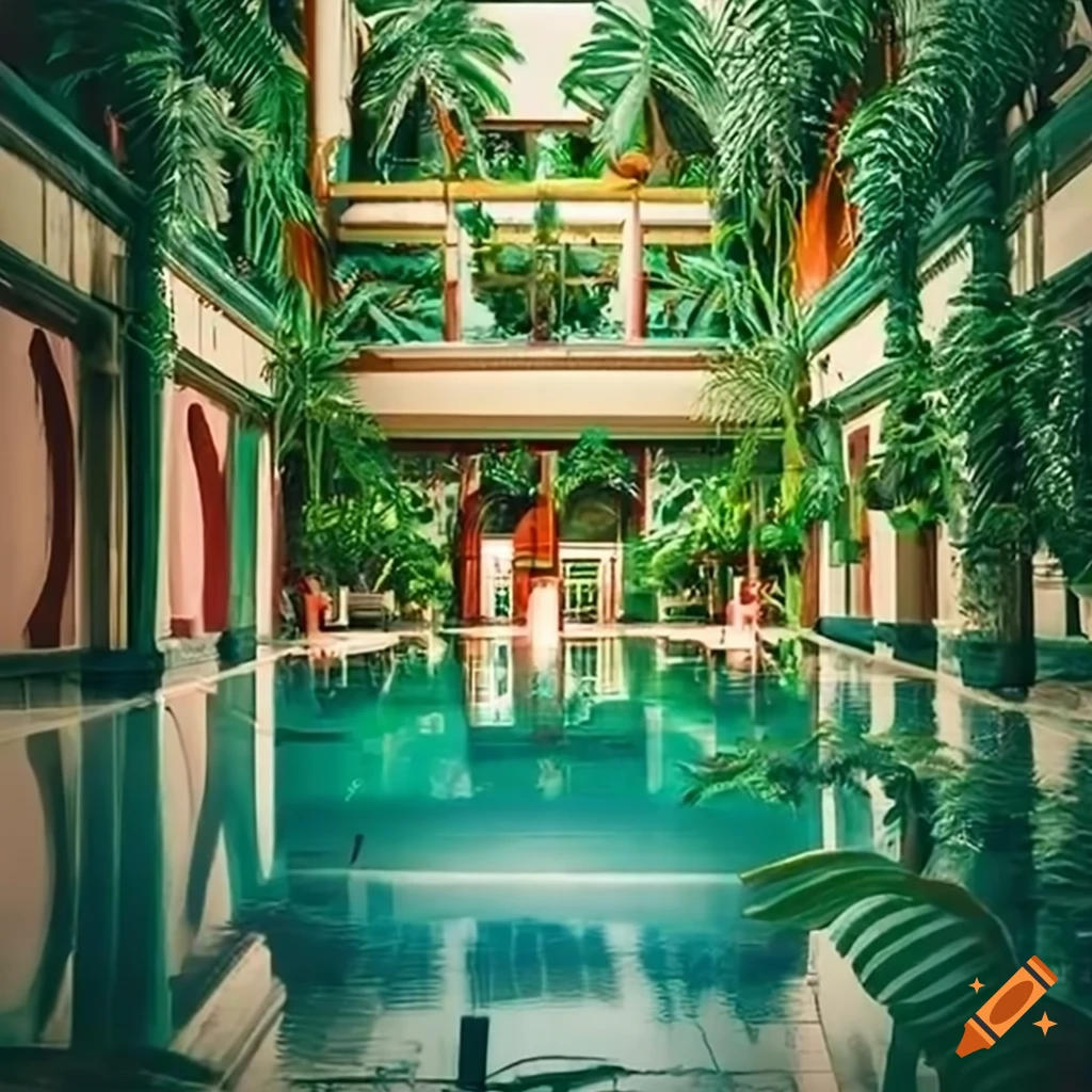 Wes anderson tropical hotel indoor pool with hanging plants on Craiyon