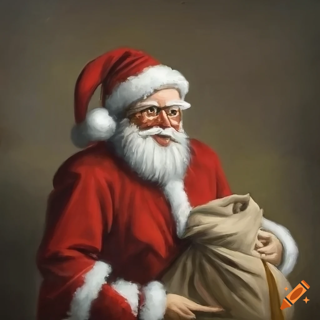 Santa with his sack slung over his shoulder, painting