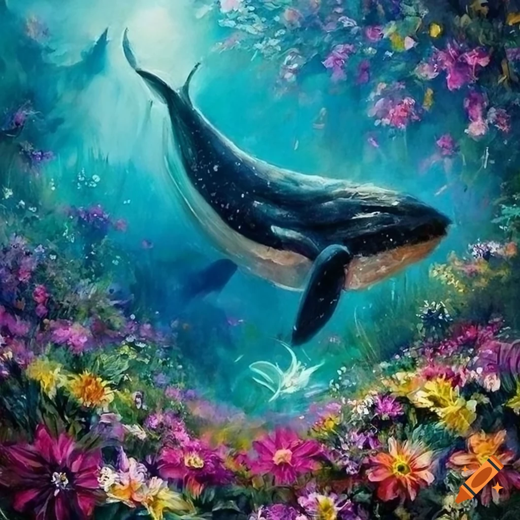 A magical whale surrounded by giant magical flowers, by greg rutkowski ...