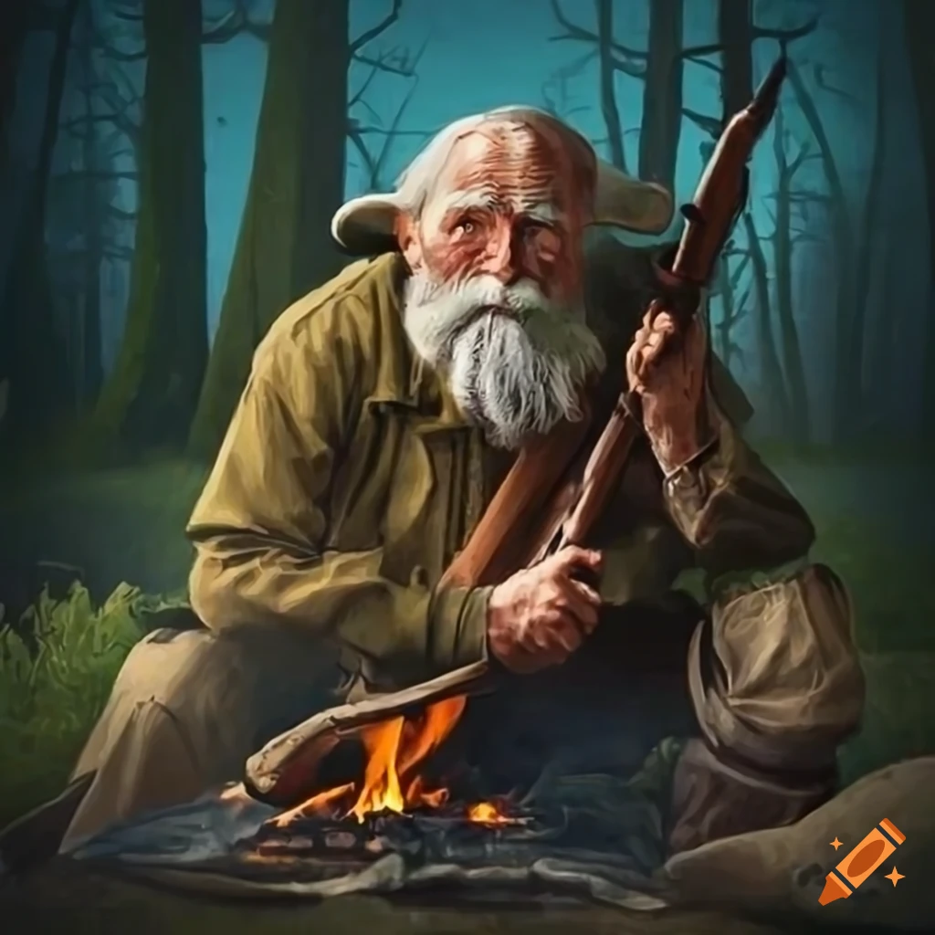 Old man hunter with white mustache, carrying a musket, sitting by ...