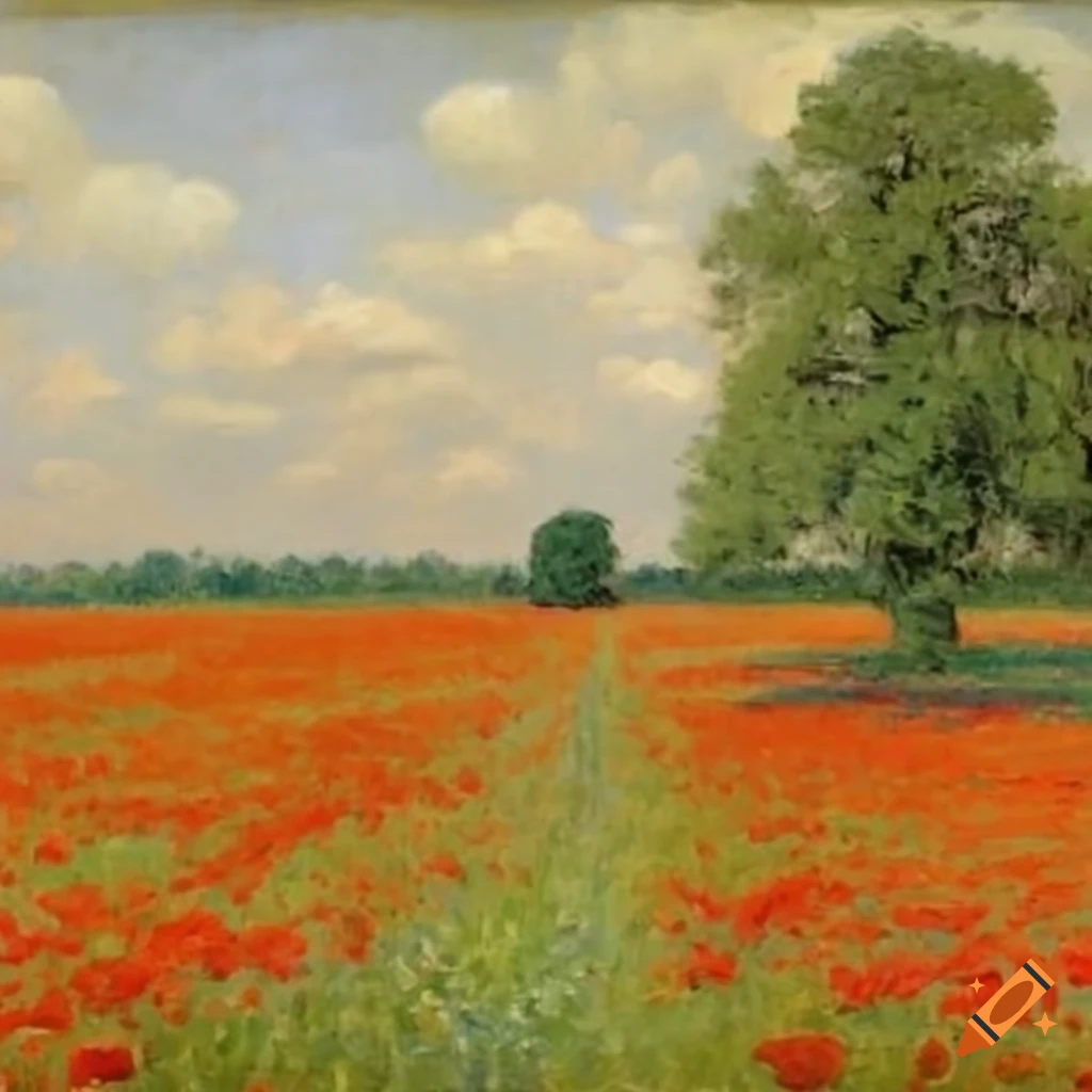 Monet's masterpiece: a sunny poppy field with a towering tree on Craiyon