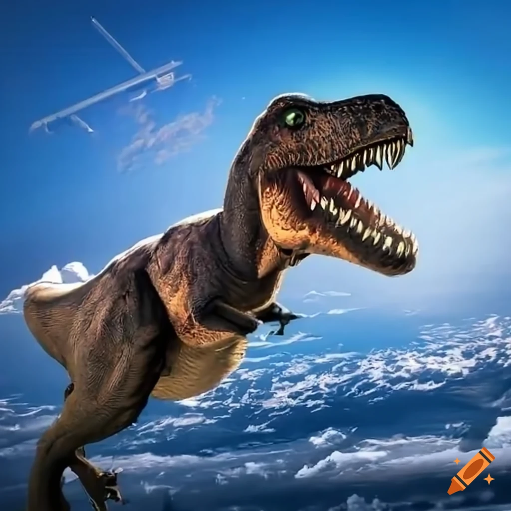 A tyrannosaurus rex in a f-15 fighter jet in space on Craiyon