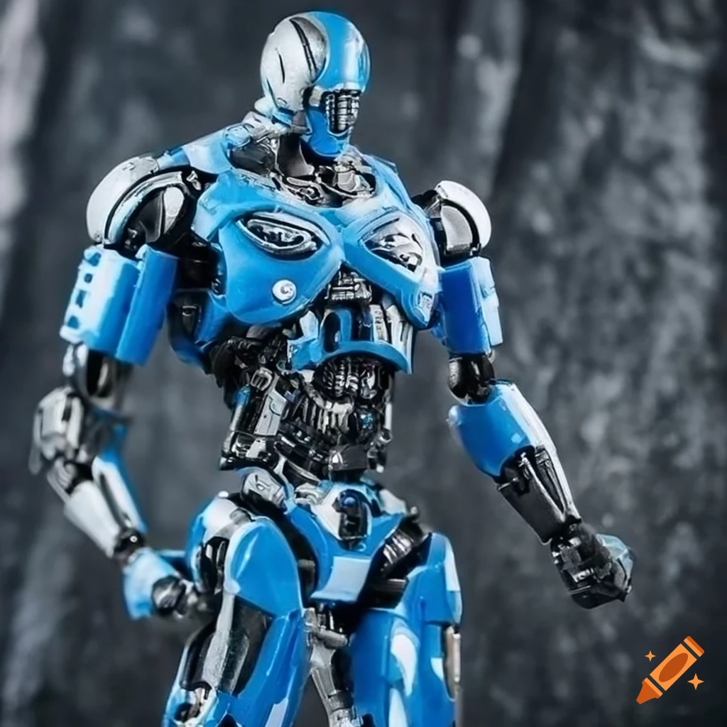 Highly detailed blue cyborg robot action figure in an epic pose