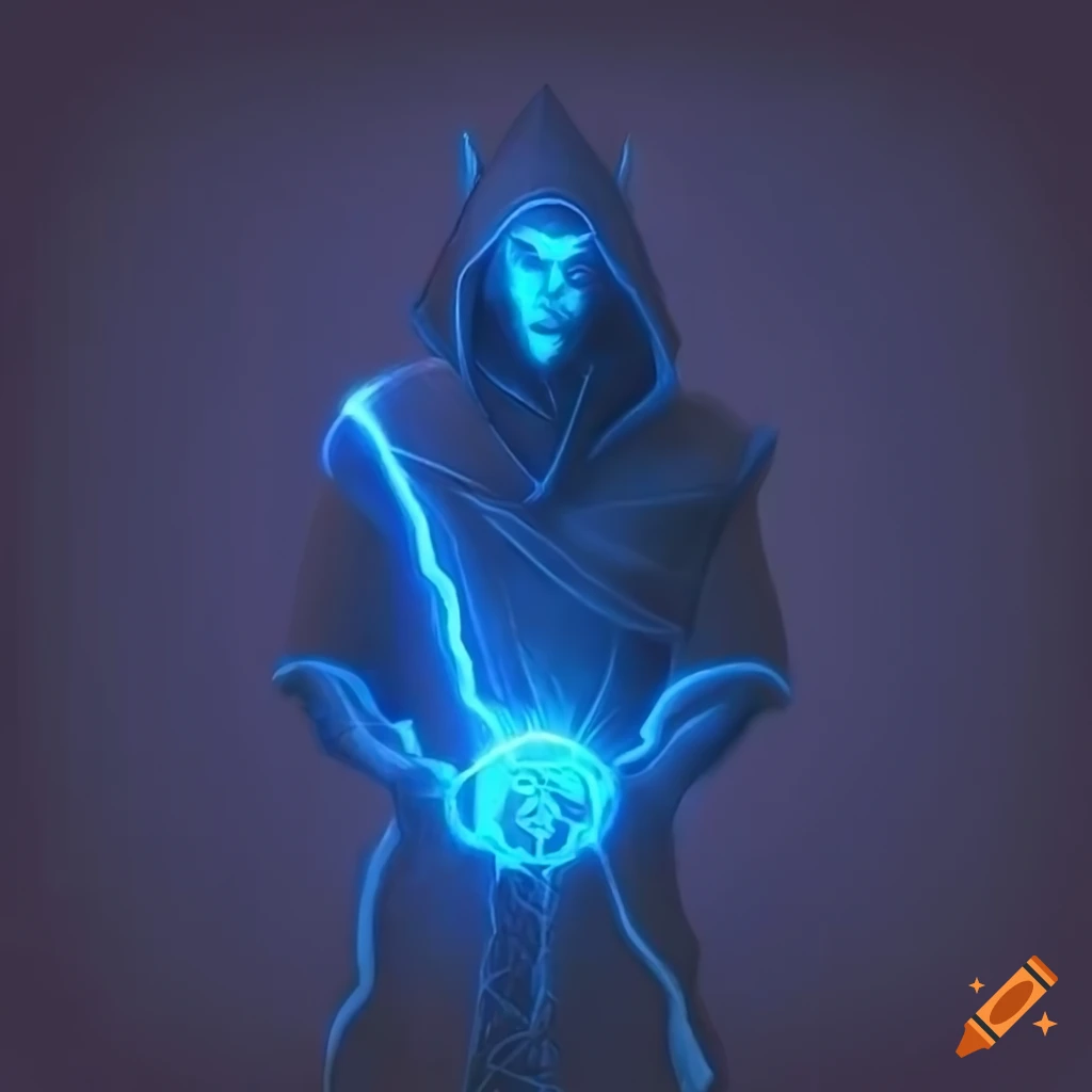 An elf mage with glowing blue tattoo, wearing dark orange robes on Craiyon