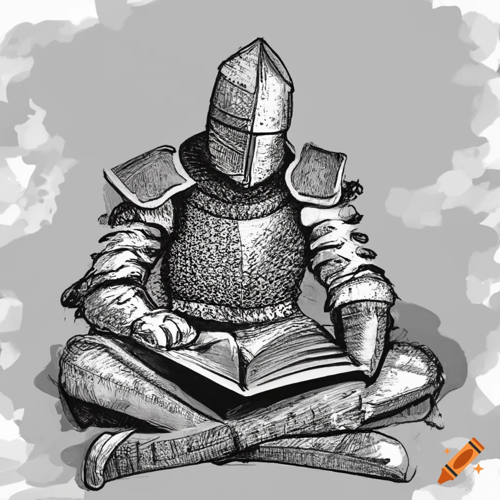 Draw a medieval knight, resting next to a bonfire adn writing something ...