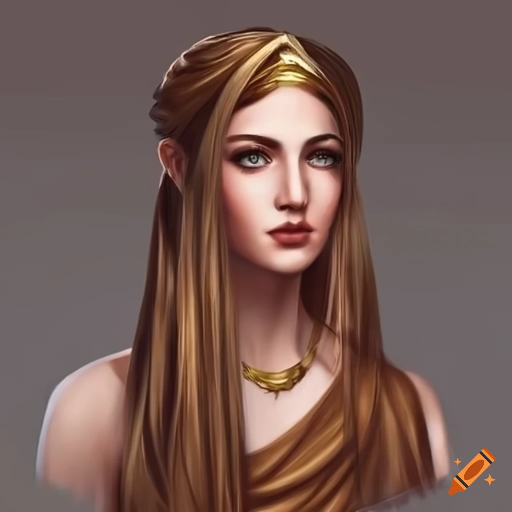 A beautiful young artemis with long chestnut hair in modest greek attire