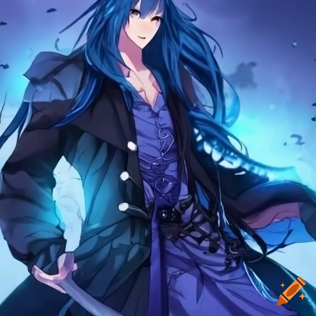 Male, frozen skin, long blue hair, anime