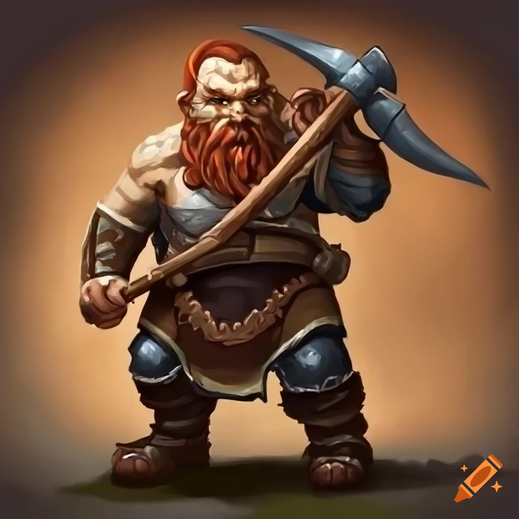 A determined dwarf warrior armed with a pickaxe for battle on Craiyon