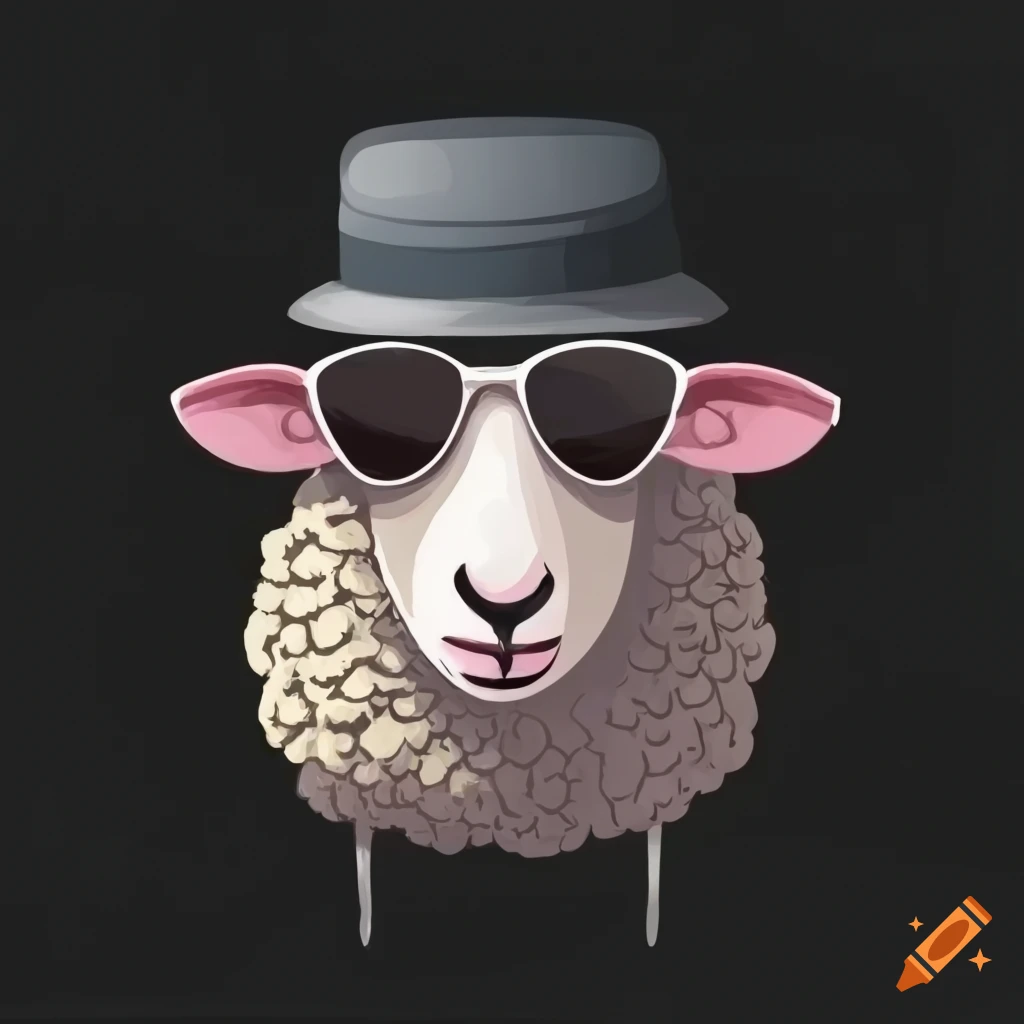 Sheep with bucket hat and sunglasses black background on Craiyon