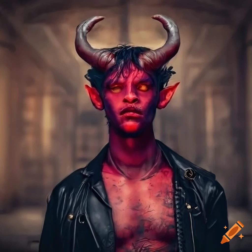 Upper body portrait. Tiefling man. Punk rock black leather outfit. No ...