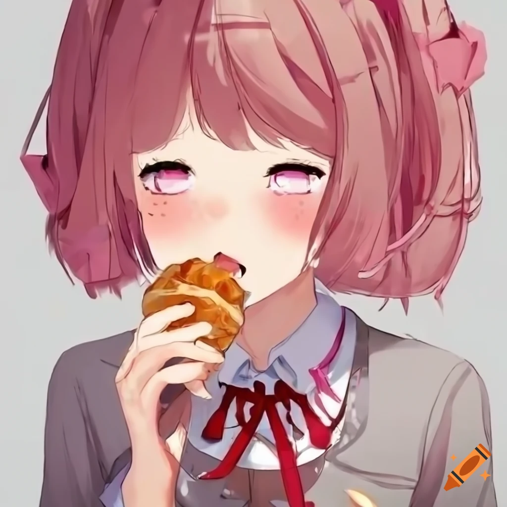 Sanguine pink eyed Natsuki, eating waffles at a cafe, there is a steaming hot drink in a paper ...