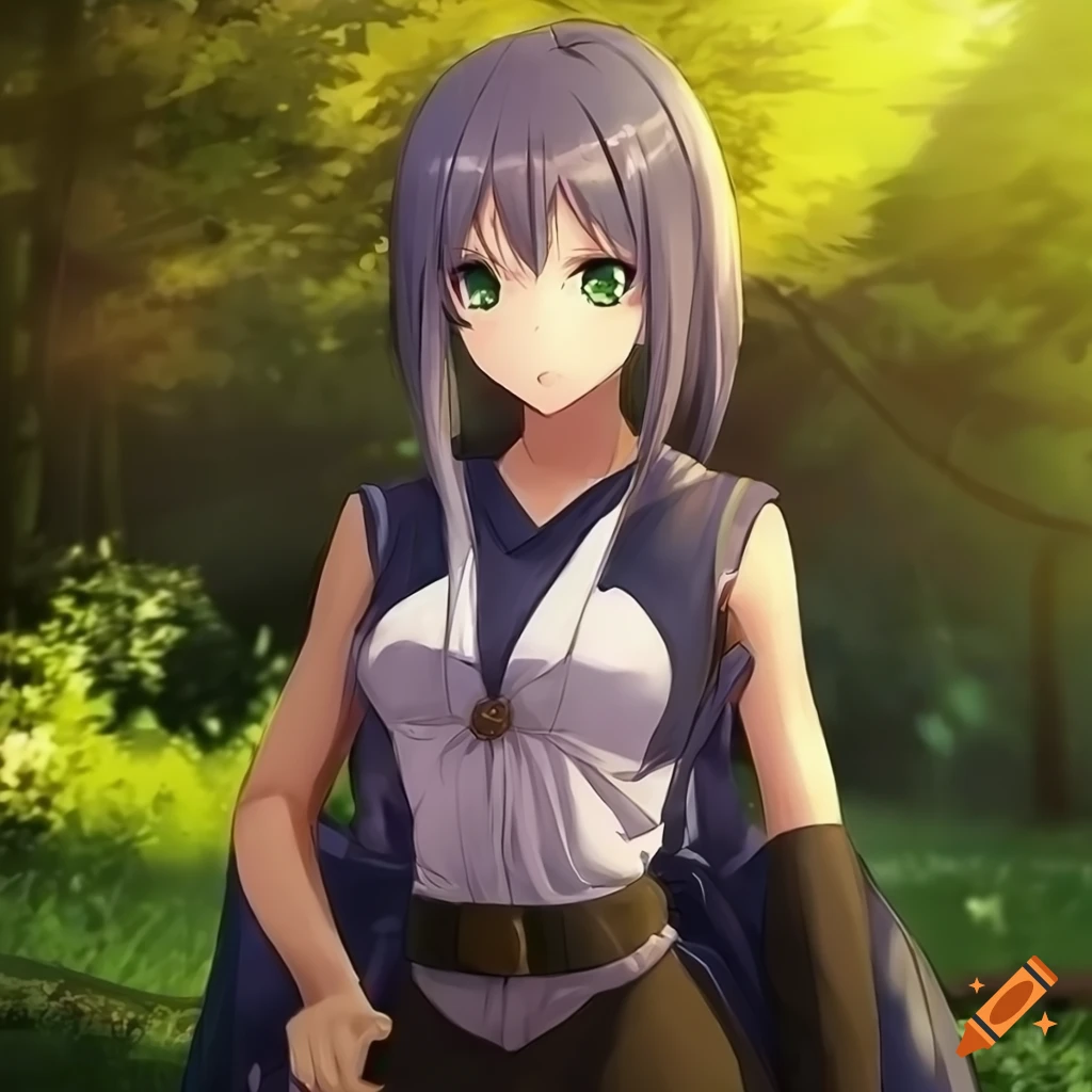 Anime, female, full-body, beautiful face, wearing tunic in the woods on ...