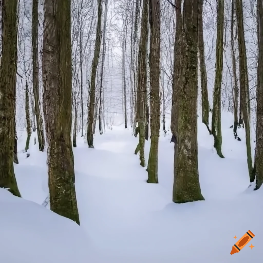 Footprints of a man in a snowy jungle full of trees and snow