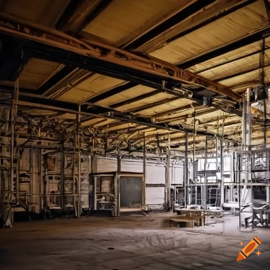 Technical drawing of the interior of a warehouse with pipes on the ceiling