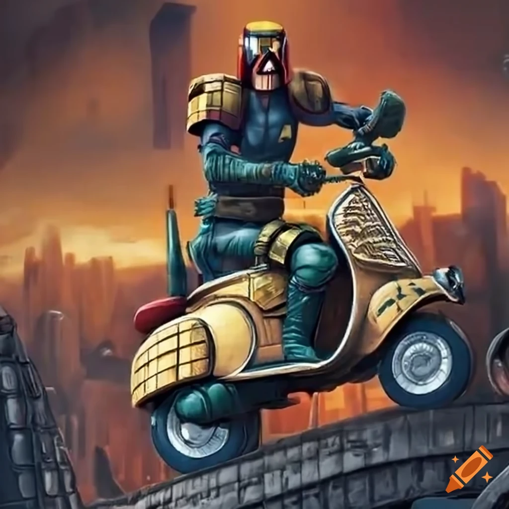 Judge dredd riding a vespa on Craiyon