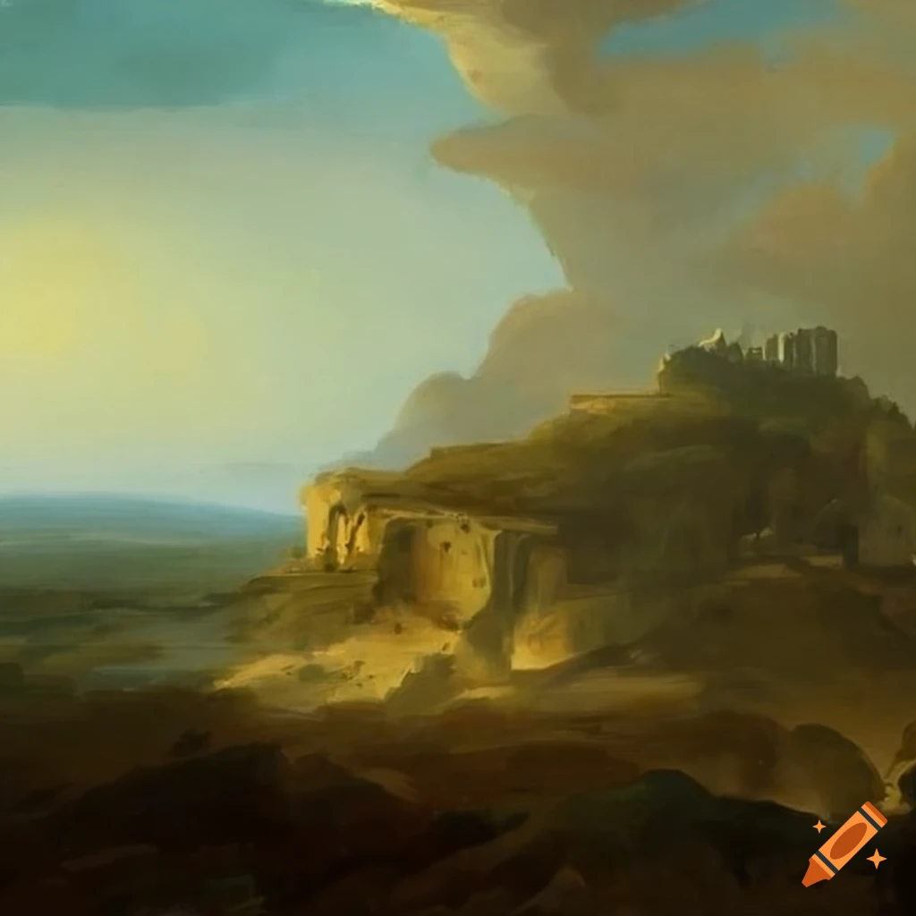 An artistic depiction of a serene Roman landscape with a large city in ...