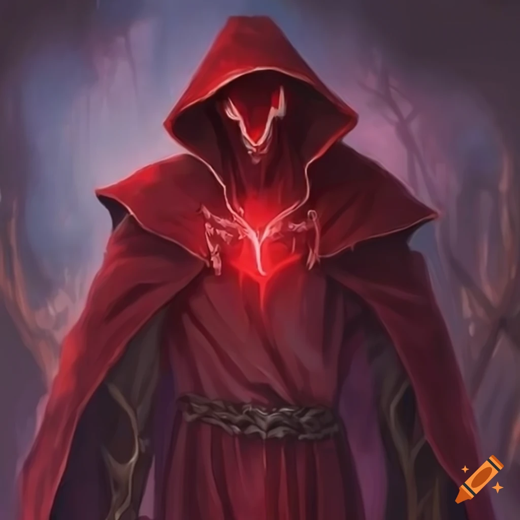 A sinister sorcerer with a white hood and red robes, glowing red eyes ...