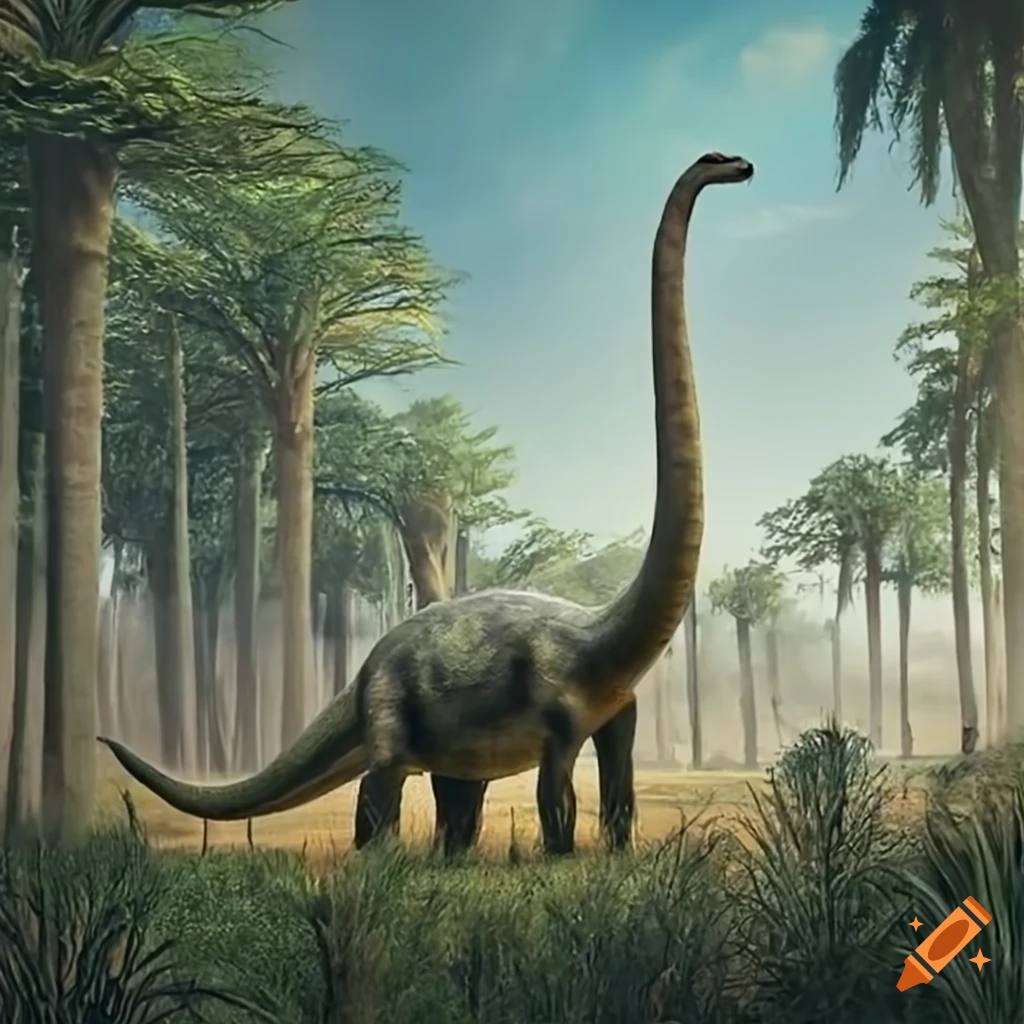 Photorealistic sauropod from behind in a prehistoric landscape