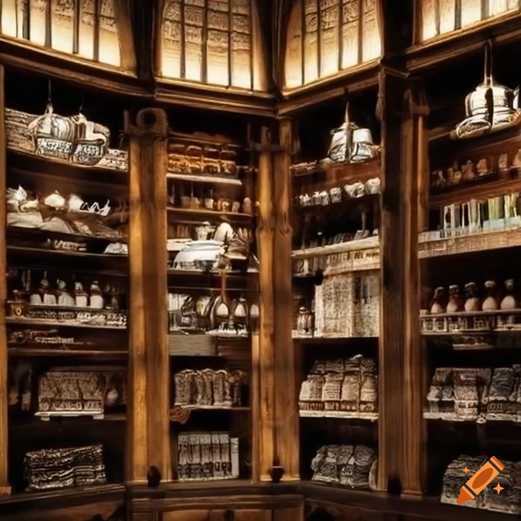 Ollivander store with selection of magic wands, only tall shelves visible