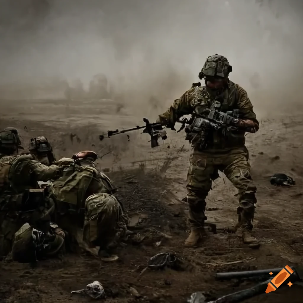 Army fighting about dusty wasteland, rainy, dark, dystopic, dust on Craiyon