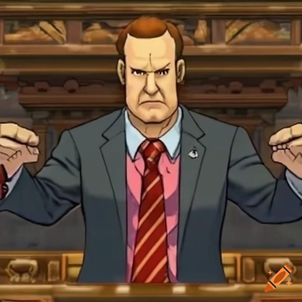 Saul goodman in an ace attorney game, in-game screenshot on Craiyon
