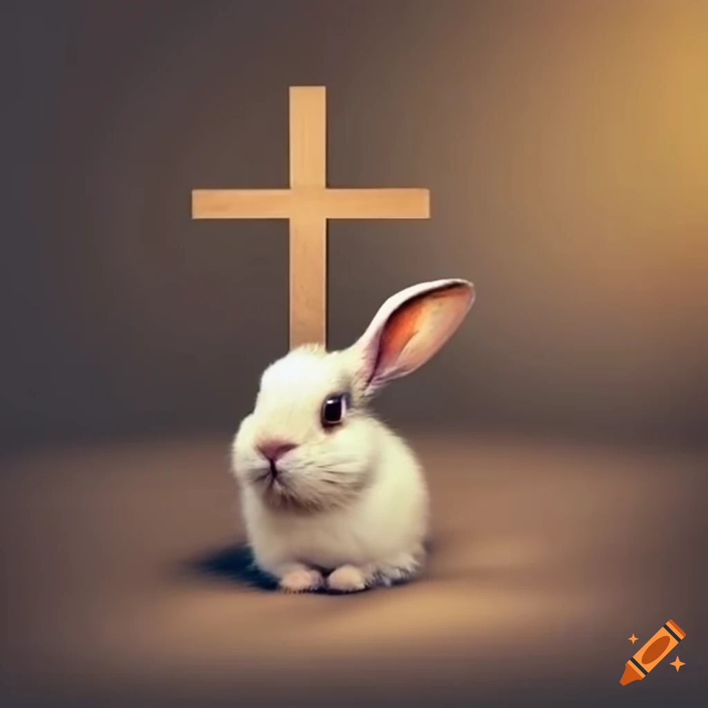 A bunny looking at a christian cross on Craiyon
