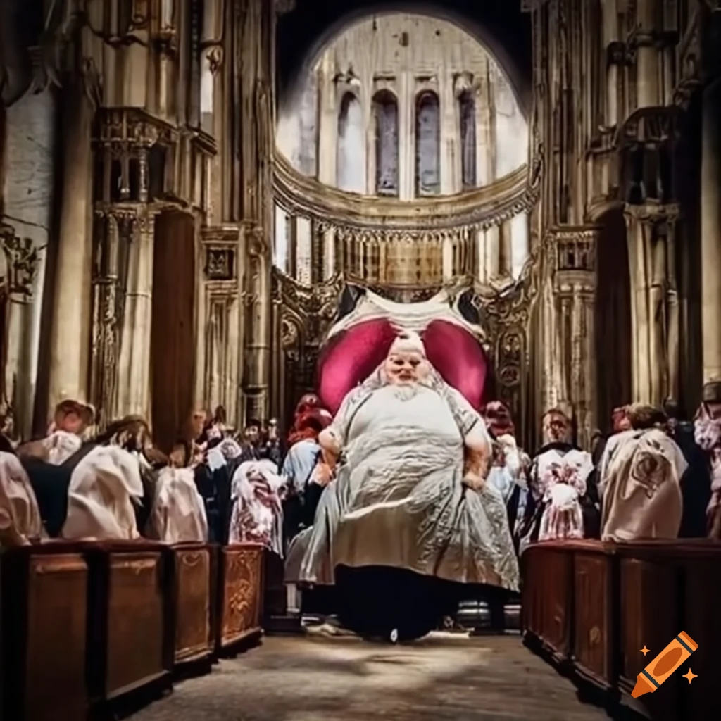 A incredibly fat bishop almost falls off a stage on Craiyon