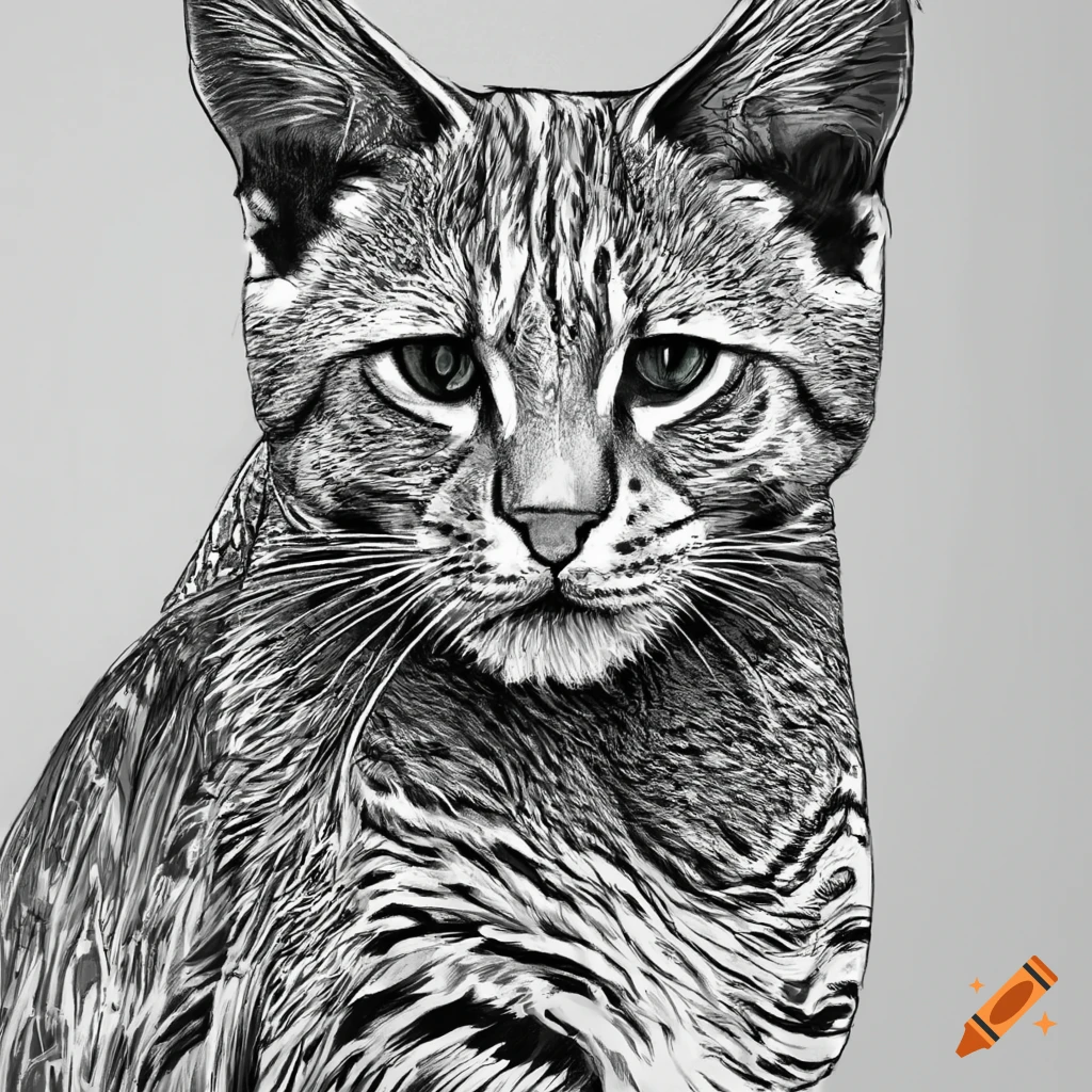 Serengeti cat fineline drawing greyscale coloring book style on Craiyon