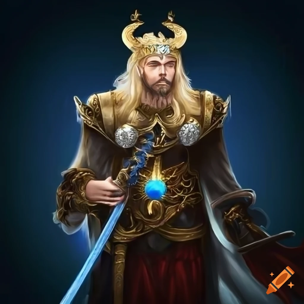 An strong king with blonde hair and a crown holding a sword with a blue hue