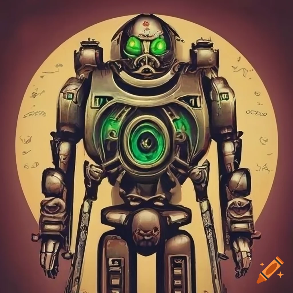 Retro art deco poster of warhammer 40000 necron robot bronze on Craiyon