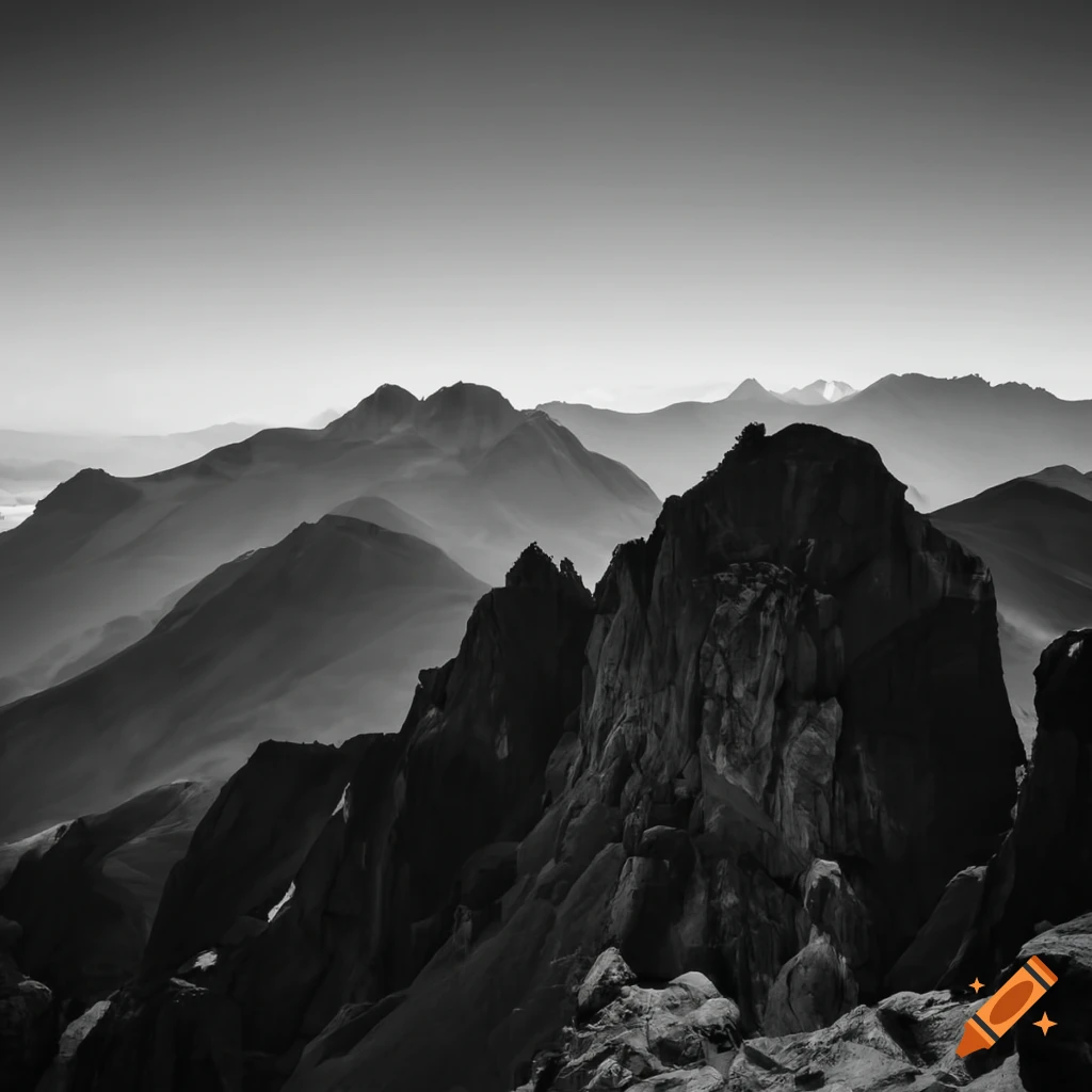 Striking monochrome mountain landscape with massive rock formations ...