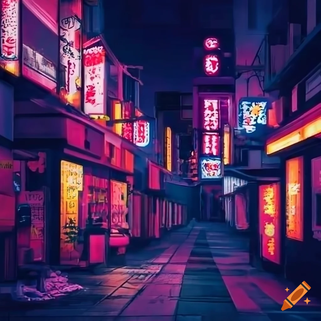 Neon japan street with cafe on Craiyon