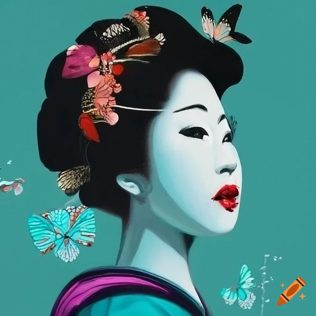 Painting in style of wakaba mutheki of geisha in teal sikbrobe with ...