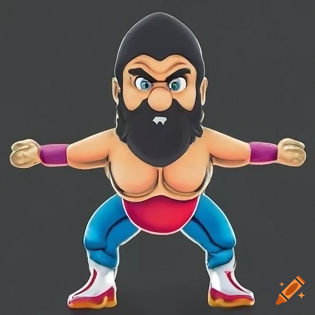 A bearded iranian super mario wrestler cartoon on Craiyon