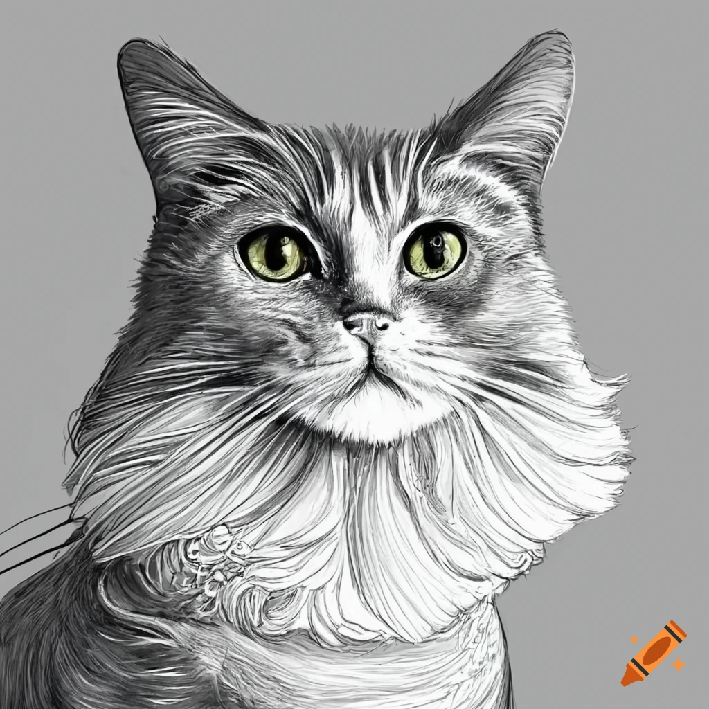 Cymric cat fineline drawing greyscale coloring book style