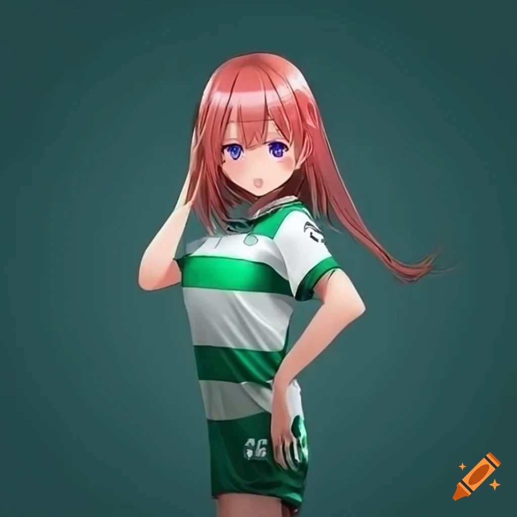 Miku nakano wearing a celtic fc jersey and cheering for her team on Craiyon