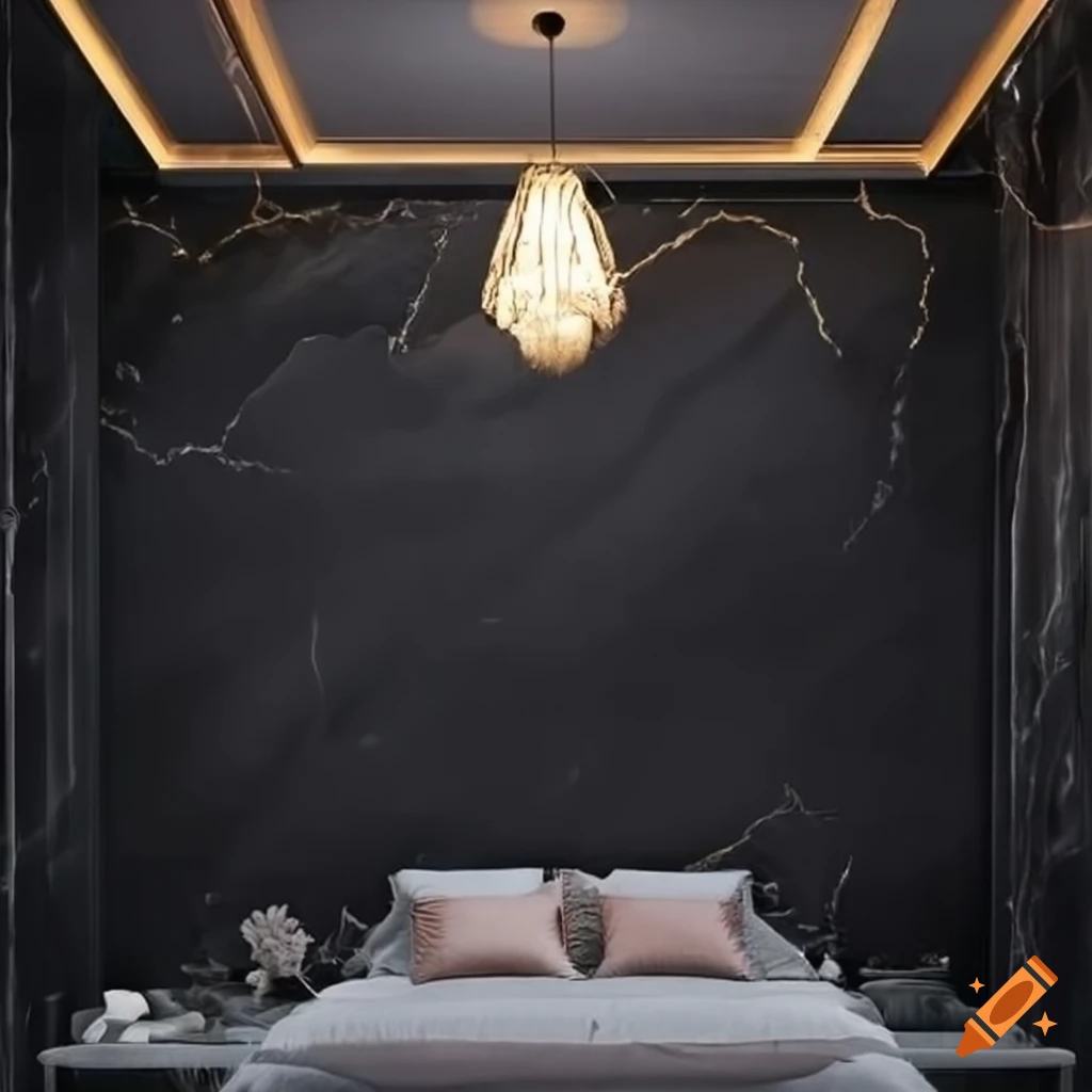 Luxury bedroom interior with black marble wall