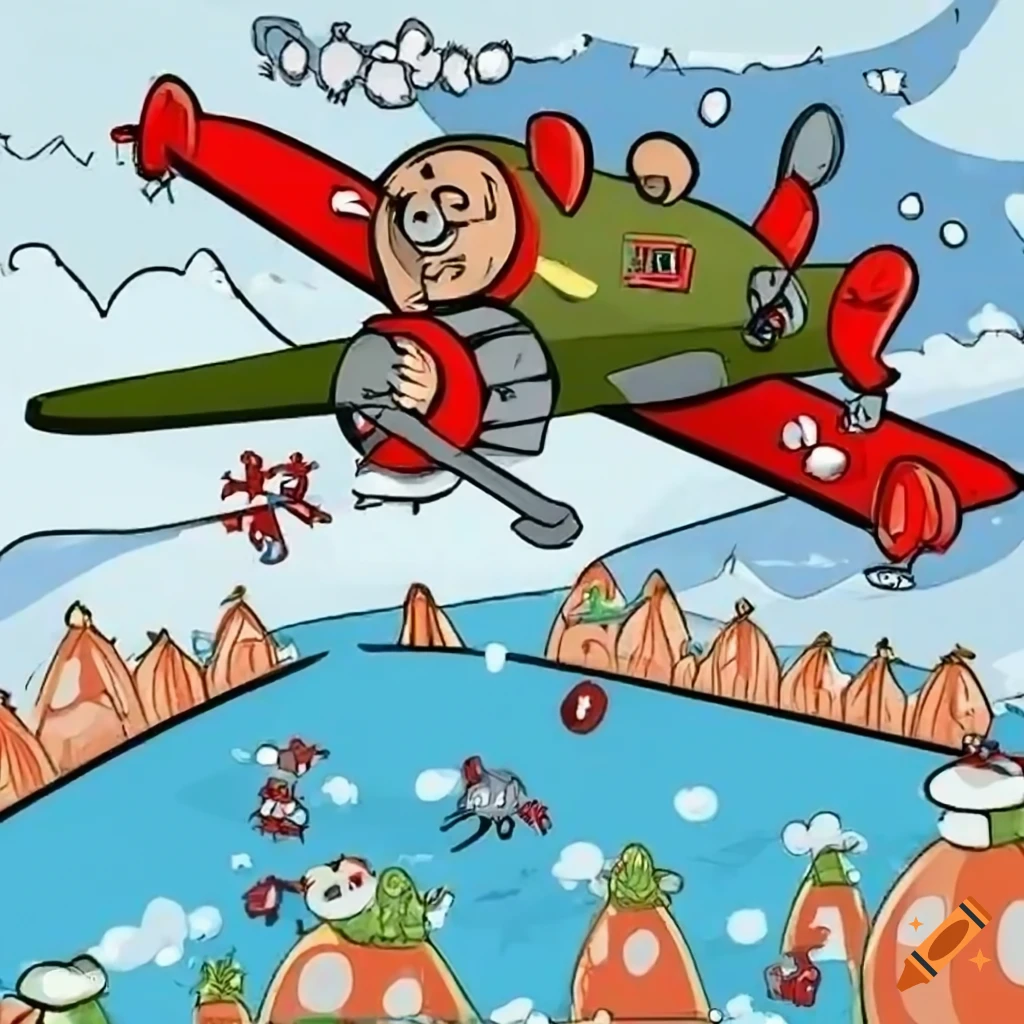 Cartoon illustration of a wwii plane chasing santa's sleigh