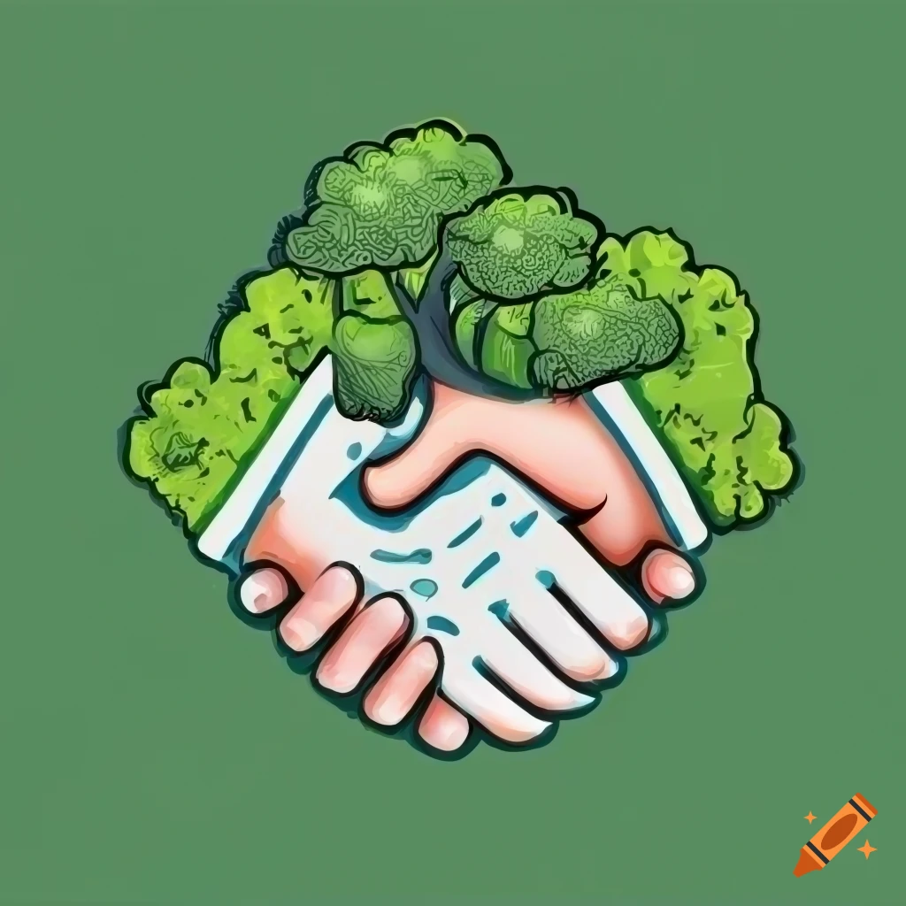 Illustration of a man shaking hands with a tree or nature itself, focusing on the handshake on ...