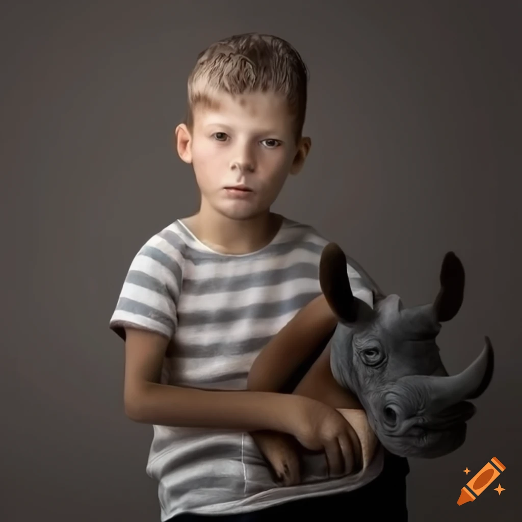 Realistic portrait of a boy holding a plush-rhino