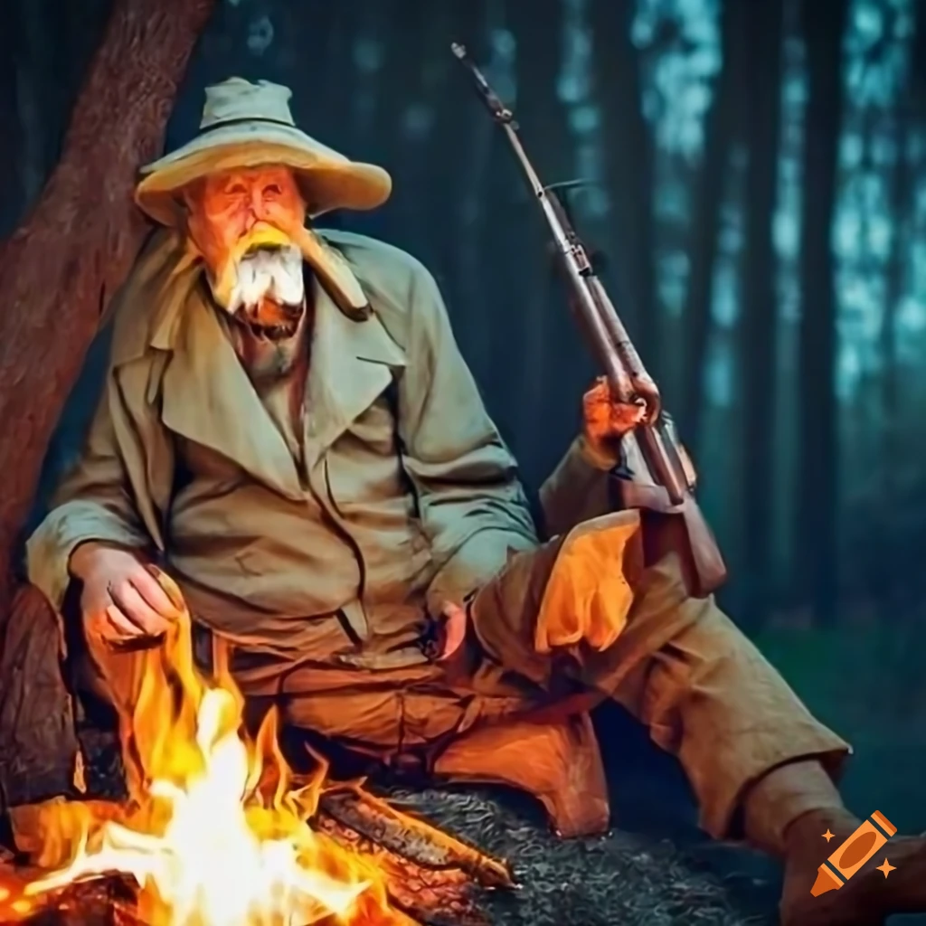 Old man hunter with white mustache, carrying a musket, sitting by ...