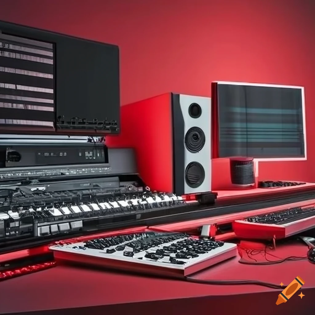 Sleek and stylish red-themed music studio with professional gear