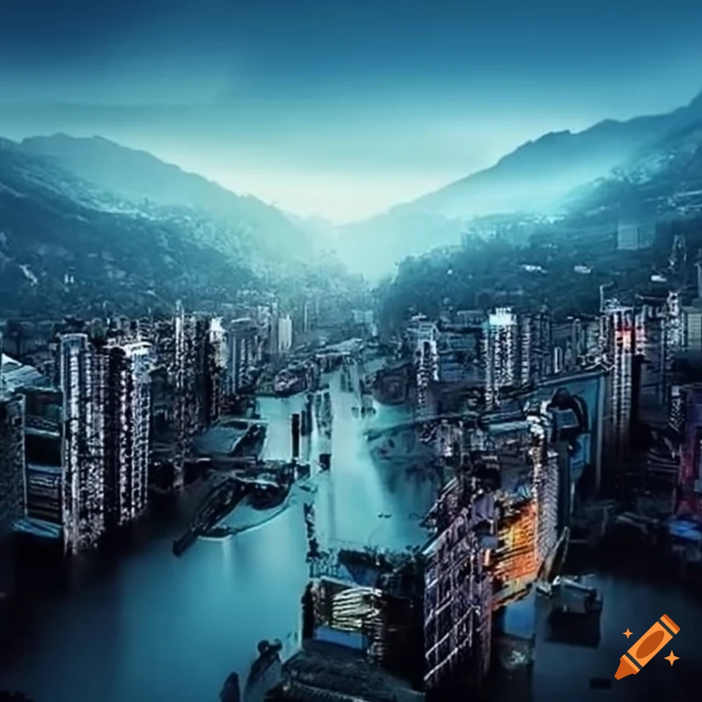 Futuristic cityscape of Siliguri in the year 2099 on Craiyon